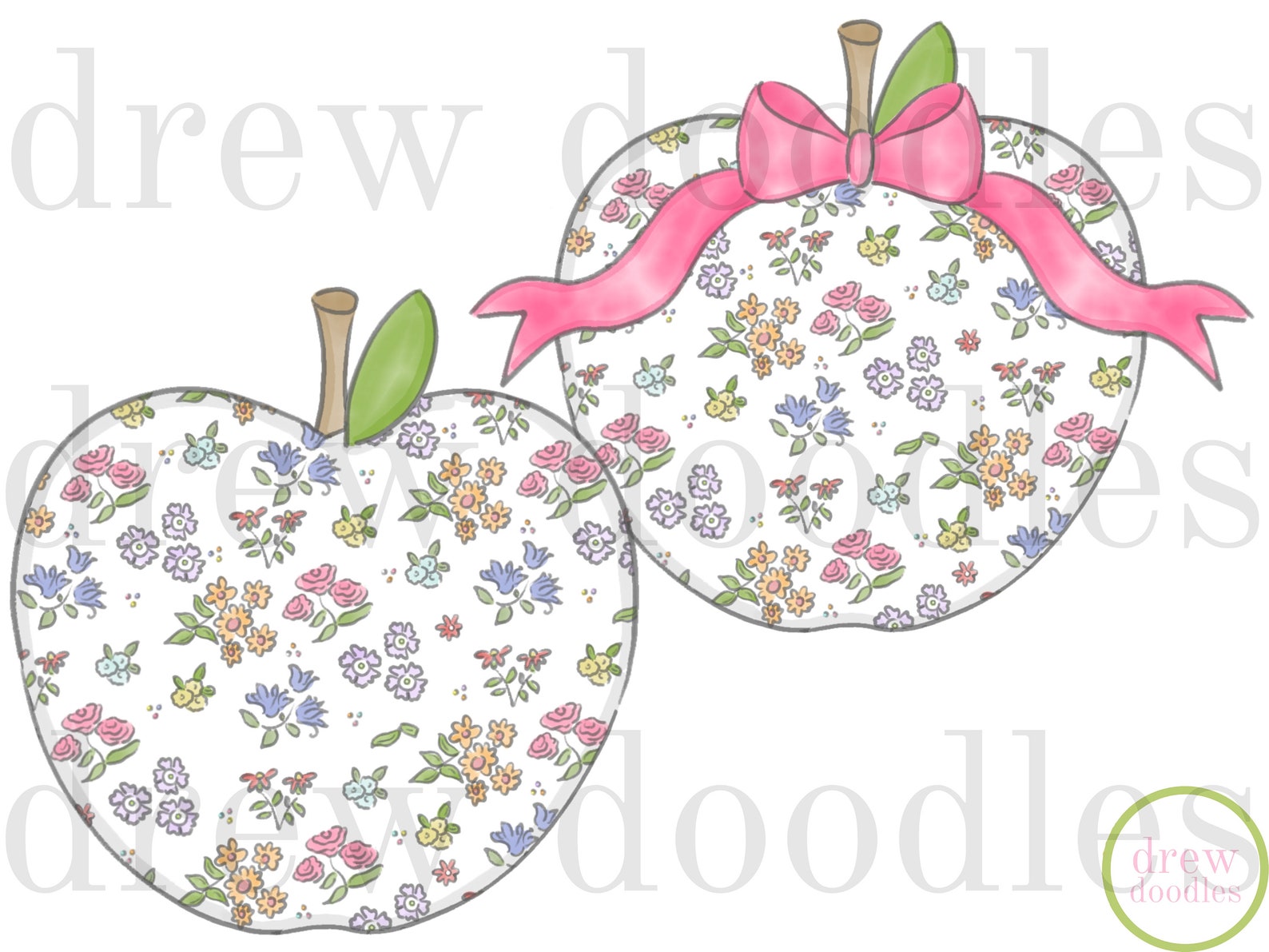 Watercolor Floral Apples With Bows Digital Clip Art Set- Instant ...