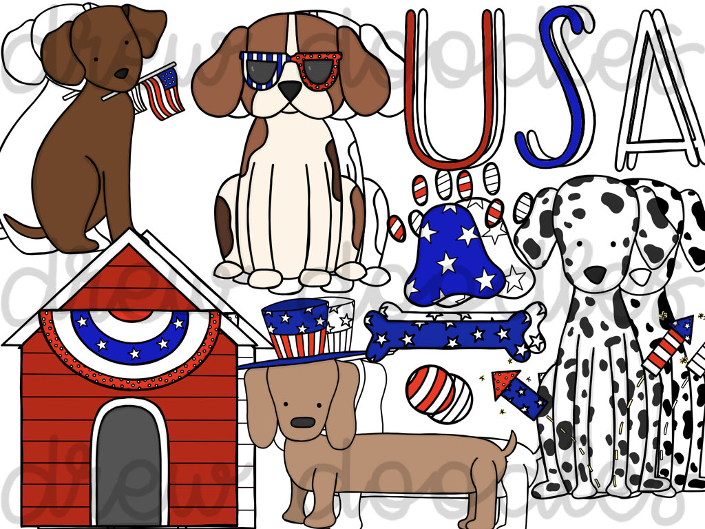 Patriotic Dogs Digital Clip Art Set- Color and Black Line Version ...