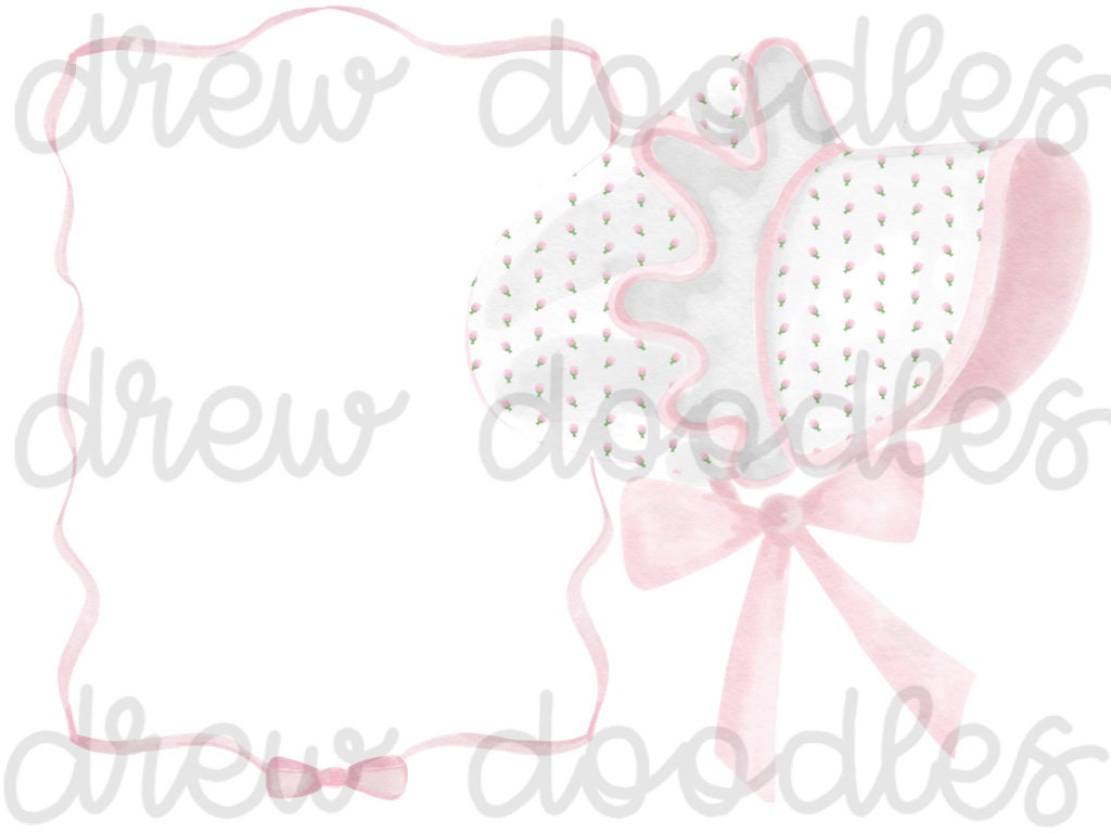 Watercolor Baby Girl Bonnets and Bow Ribbon Frame Digital Clip Art Set ...