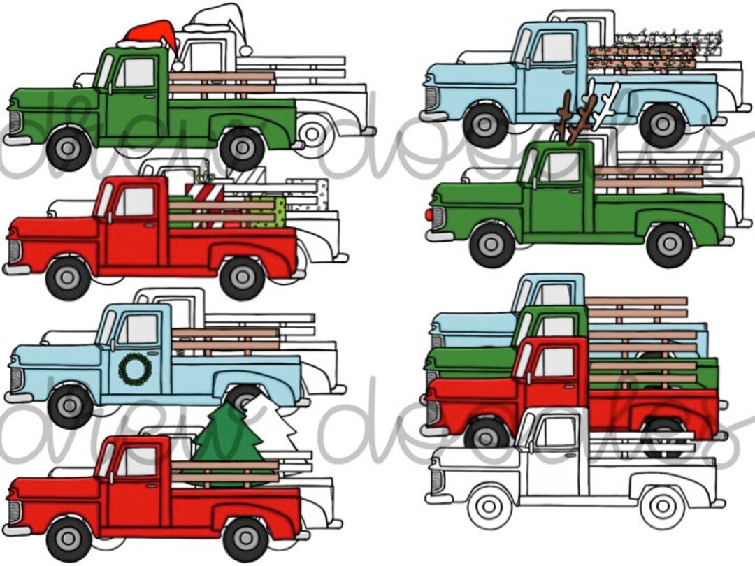 Christmas Trucks Digital Clip Art Set- Color and Black Line COMBO ...