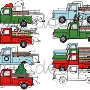 Christmas Trucks Digital Clip Art Set- Color and Black Line COMBO ...