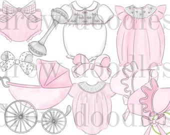 Watercolor Baby Girl Bonnets and Bow Ribbon Frame Digital Clip Art Set ...