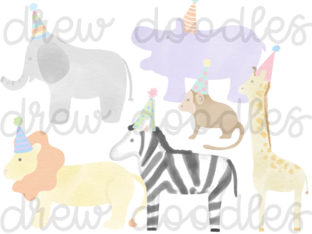 Watercolor Party Zoo Animals Digital Clip Art Set Instant | Etsy