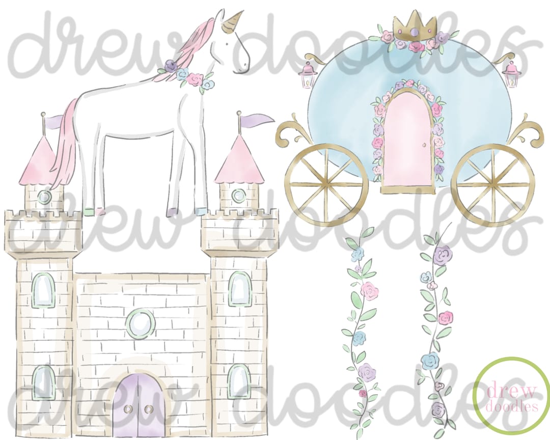 Watercolor Pastel Princess Castle Unicorn- Digital Clip Art Set ...