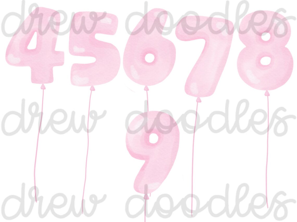 Watercolor Pink Number Balloons Digital Clip Art Set Instant | Etsy