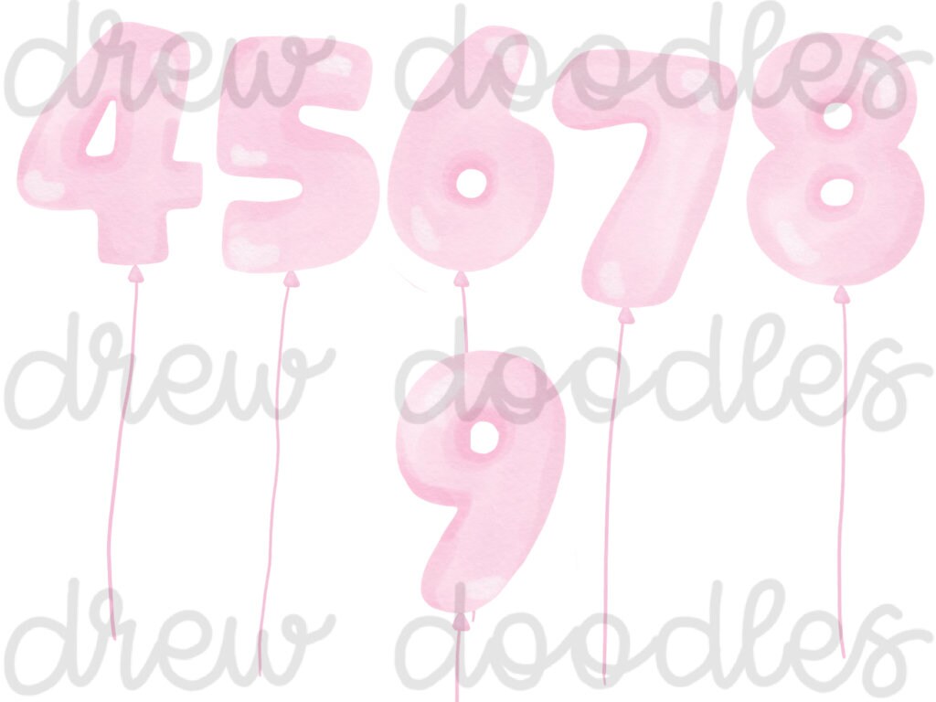 Watercolor Pink Number Balloons Digital Clip Art Set Instant | Etsy