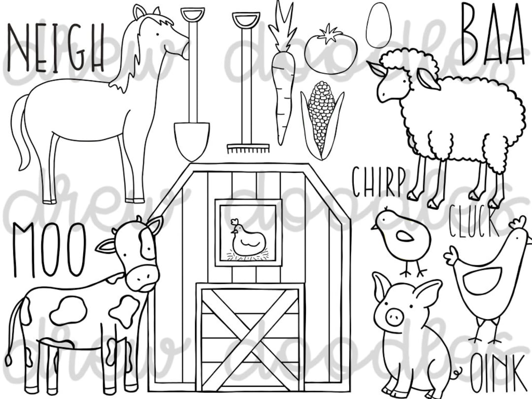 Farm Digital Clip Art Set Black Line Version Instant - Etsy