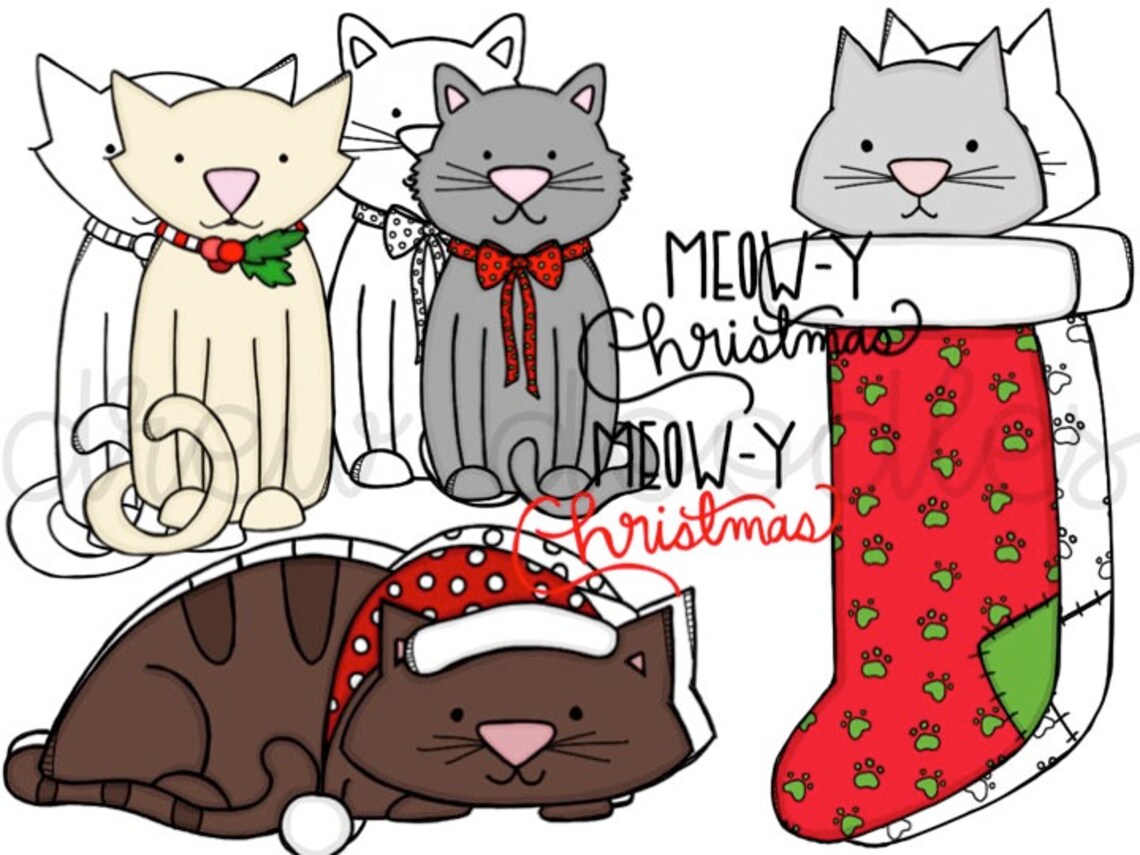 Meow-y Christmas Digital Clip Art Set Color and Black Line | Etsy