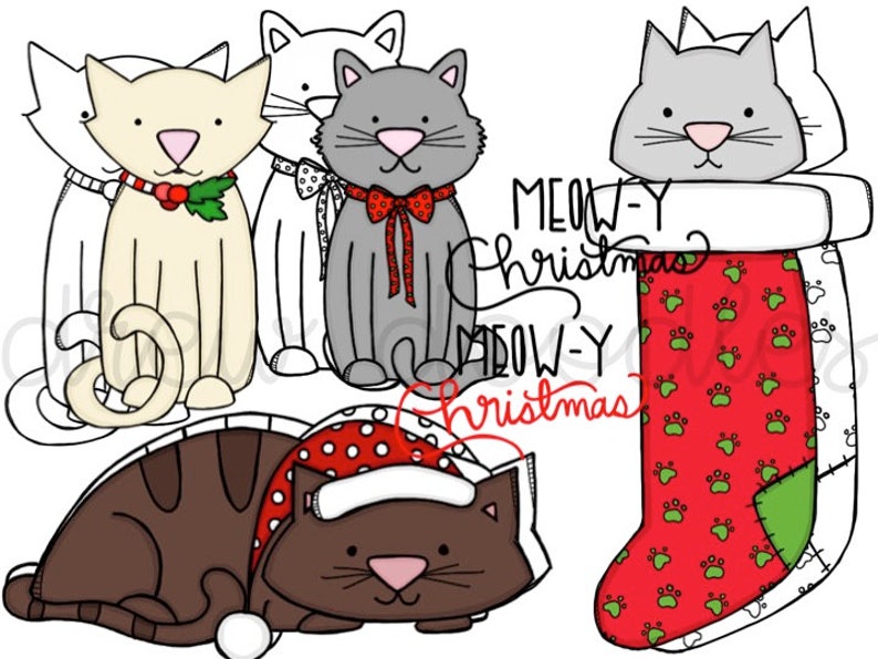 Meow-y Christmas Digital Clip Art Set Color and Black Line | Etsy