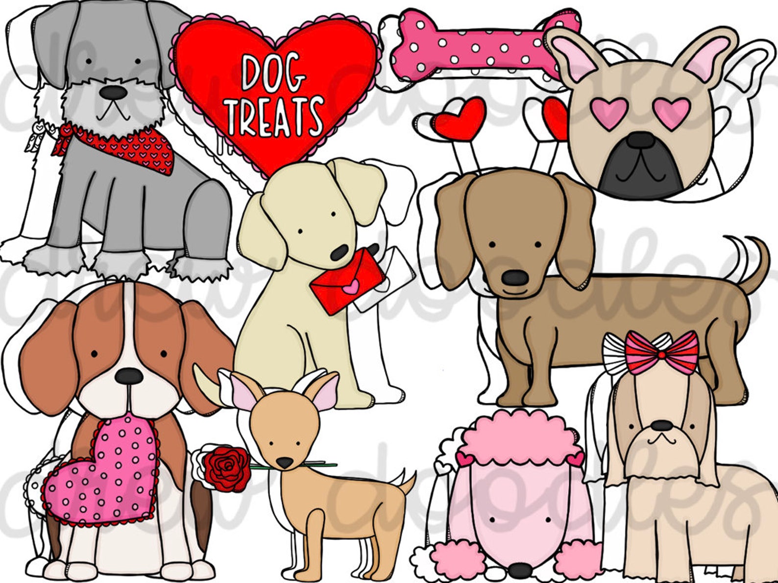 Valentine's Day Dogs Digital Clip Art Set Color and Black | Etsy