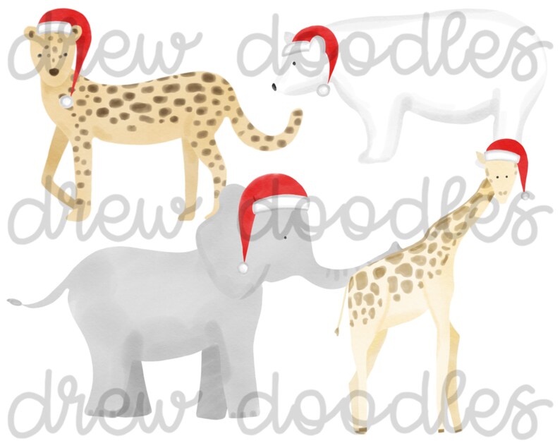 Watercolor Christmas Zoo Animals Digital Clip Art Set Instant - Etsy