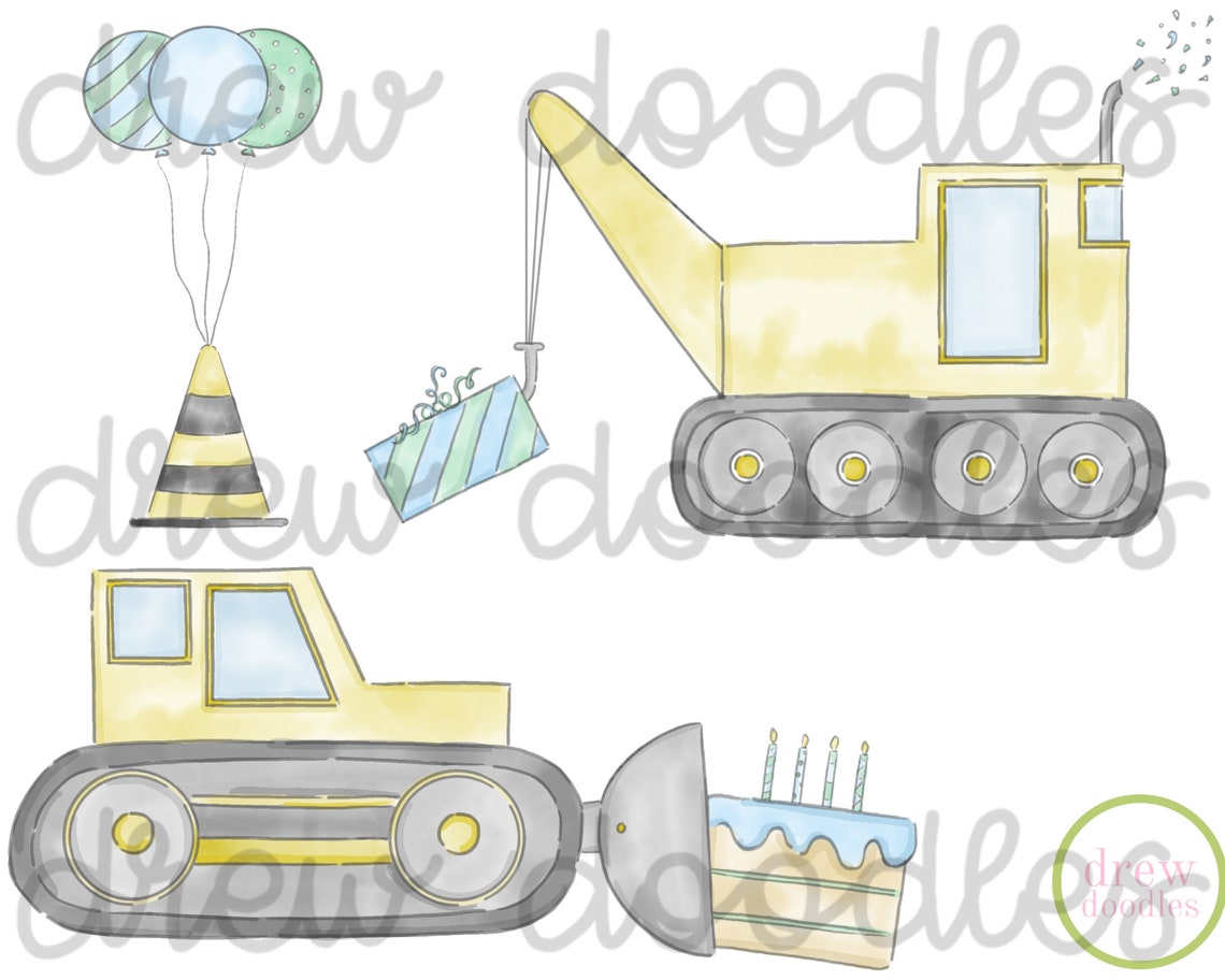 Watercolor Birthday Construction Trucks Digital Clip Art Set- Instant ...