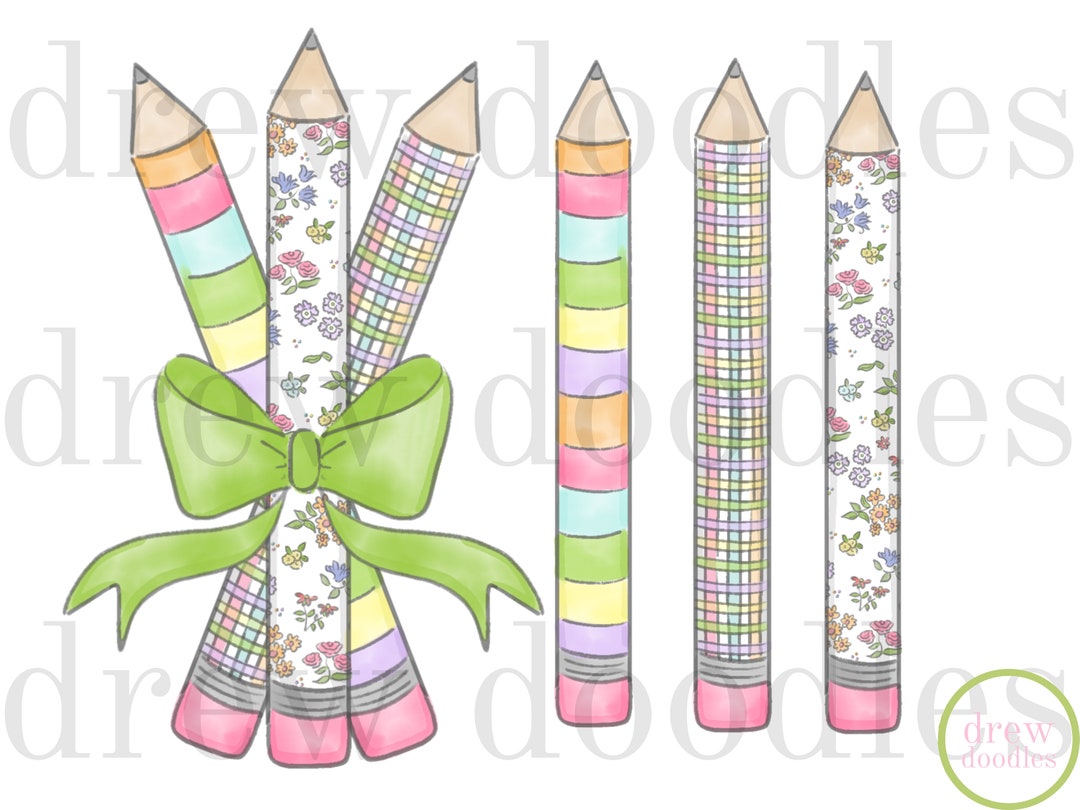 Watercolor Floral Pencils With Bows Digital Clip Art Set- Instant ...