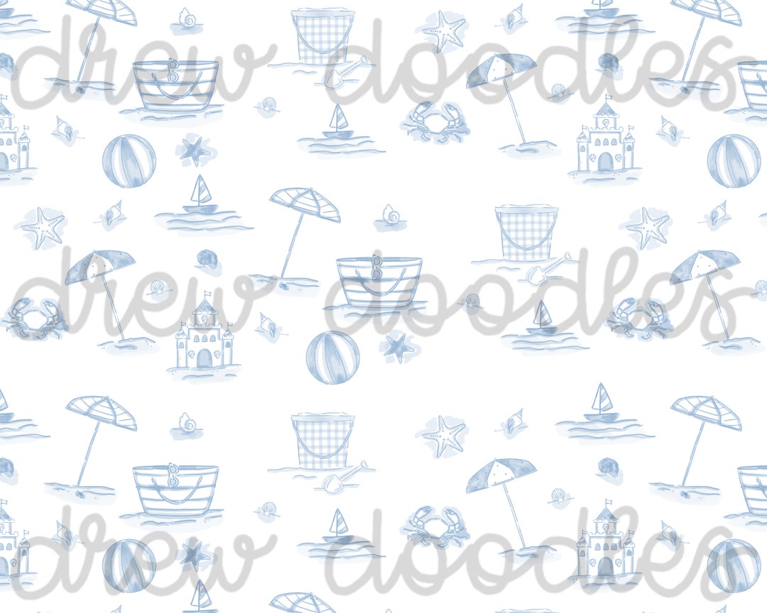 Watercolor Blue Beach Coastal Toile Print Digital Papers Backgrounds ...
