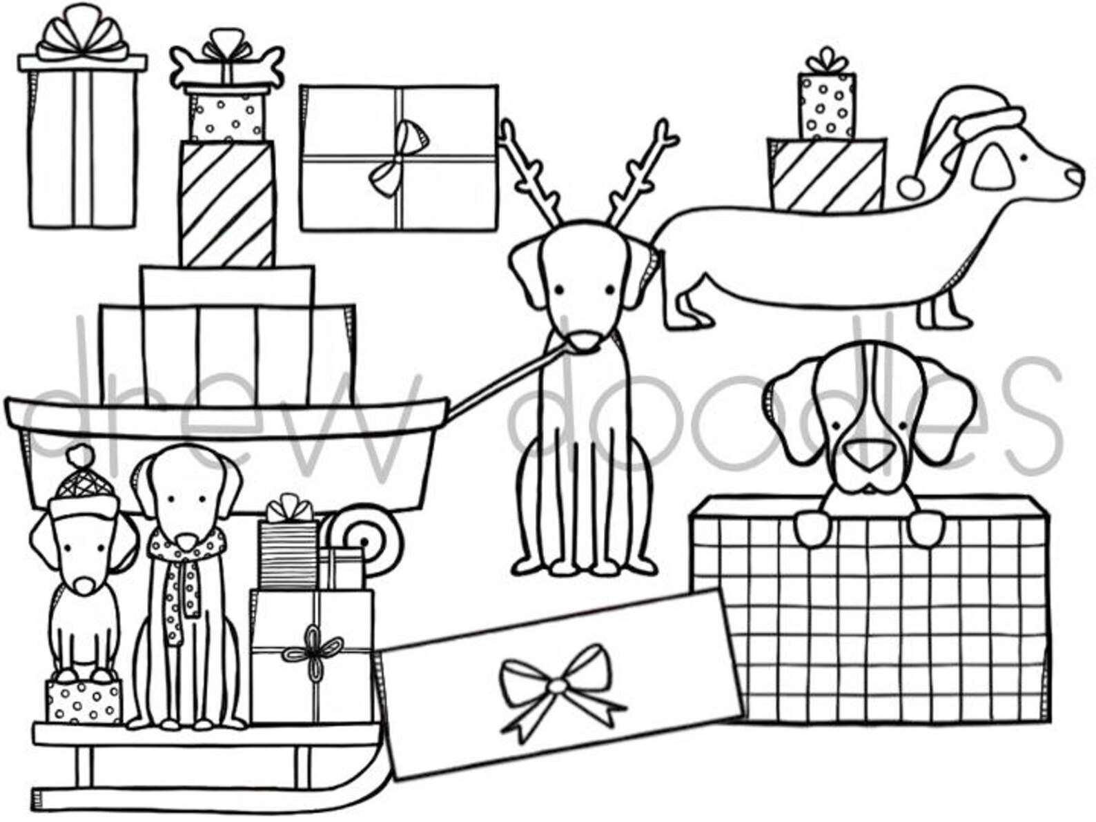 Puppy Presents Digital Clip Art Set Black Line Version | Etsy