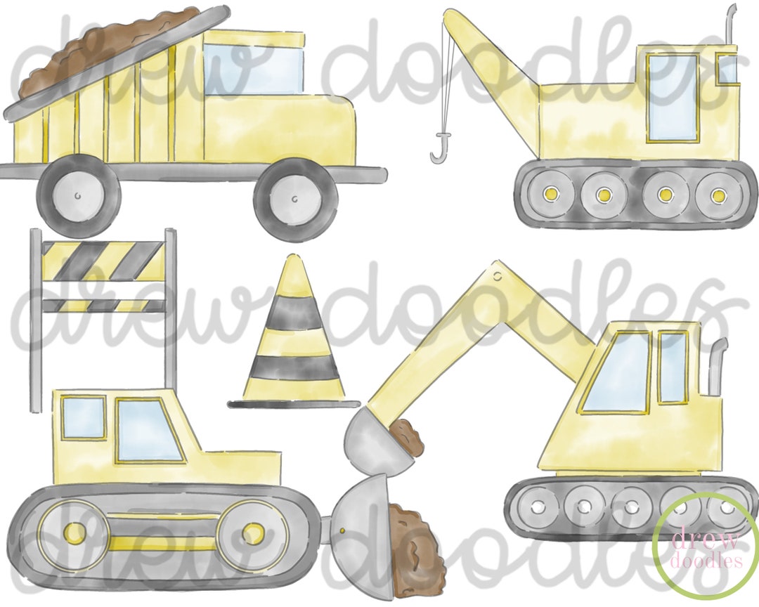 Watercolor Construction Trucks With Outline Digital Clip Art Set ...