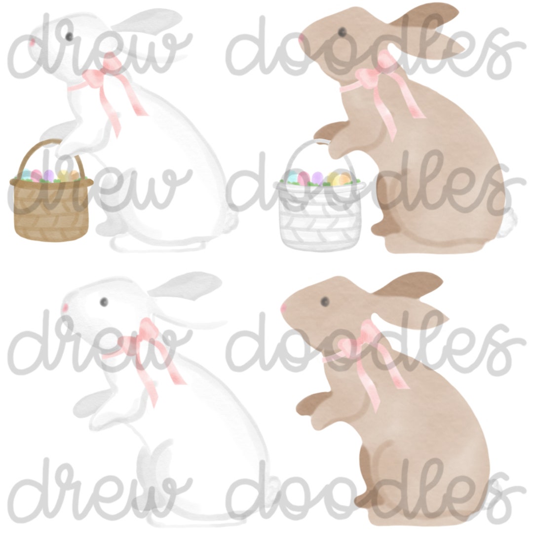 Watercolor Easter Bunnies With Pink Bow Digital Clip Art Set- Instant ...