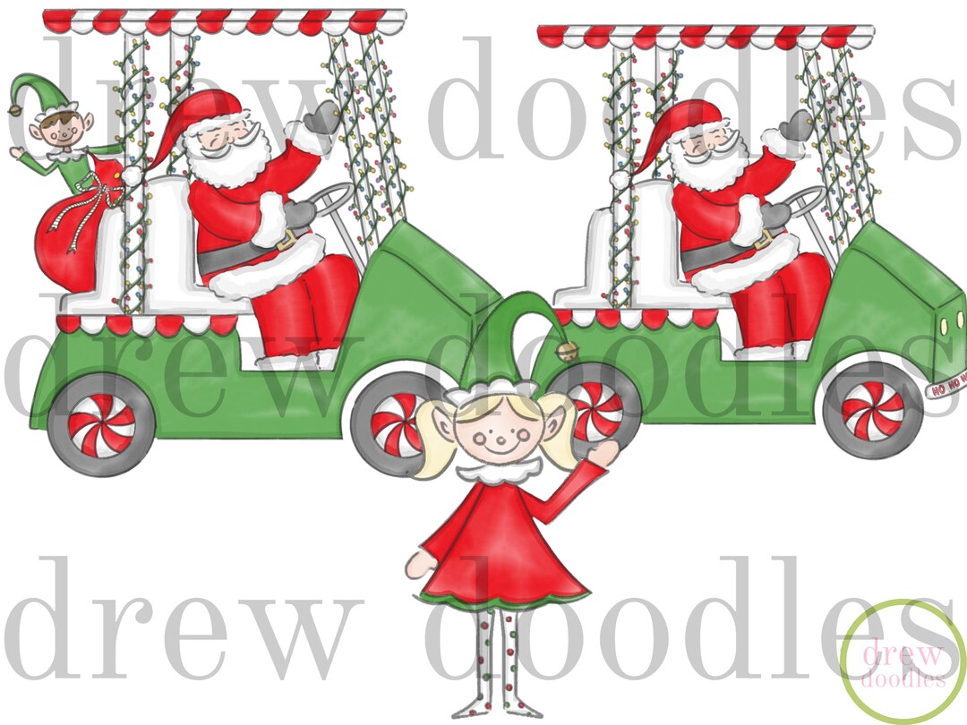 Watercolor Santa Golf Cart With Elves- Digital Clip Art Set- Instant ...