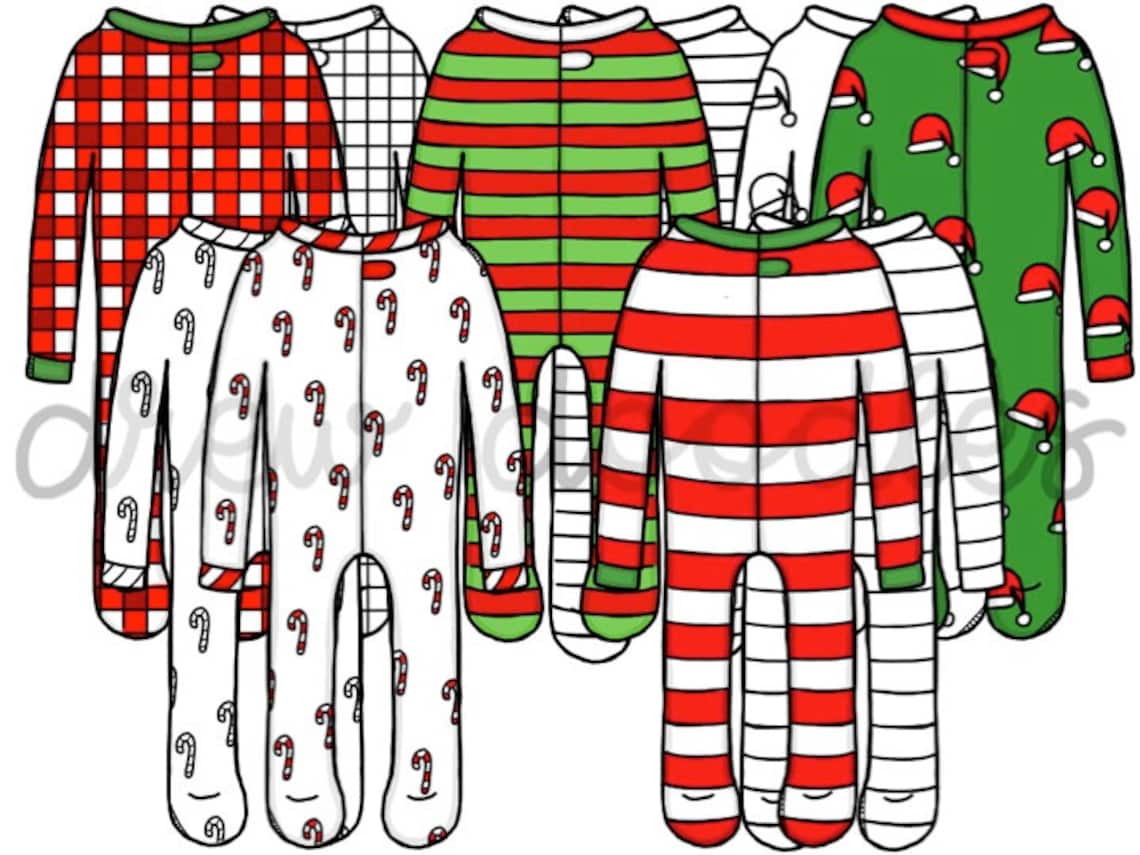 Christmas Pj's Digital Clip Art Set Color and Black Line | Etsy