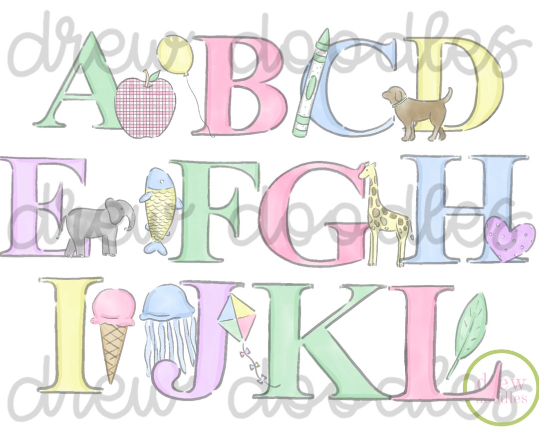 Watercolor Pastel Alphabet With Illustrations Digital Clip Art Set ...