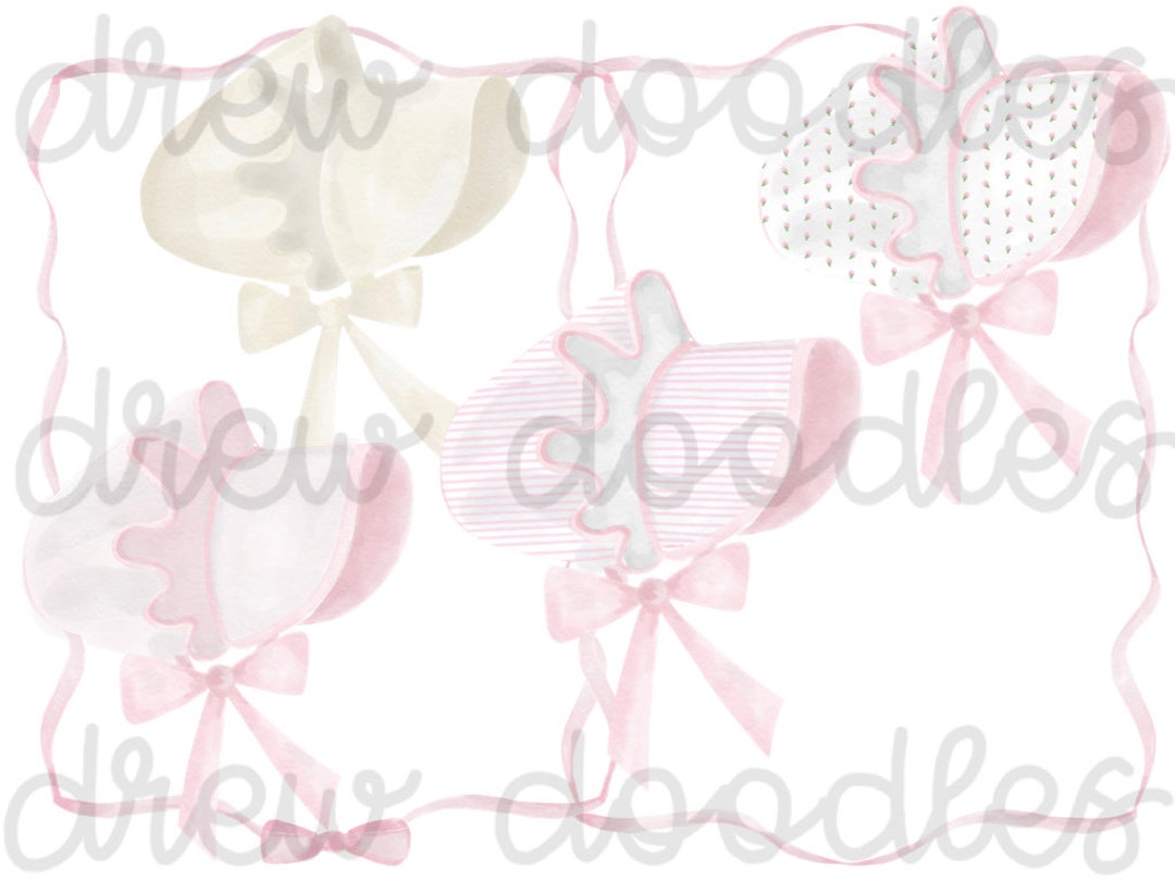 Watercolor Baby Girl Bonnets and Bow Ribbon Frame Digital Clip Art Set ...