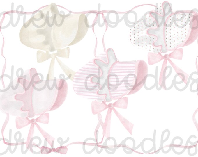Watercolor Baby Girl Bonnets and Bow Ribbon Frame Digital Clip Art Set ...