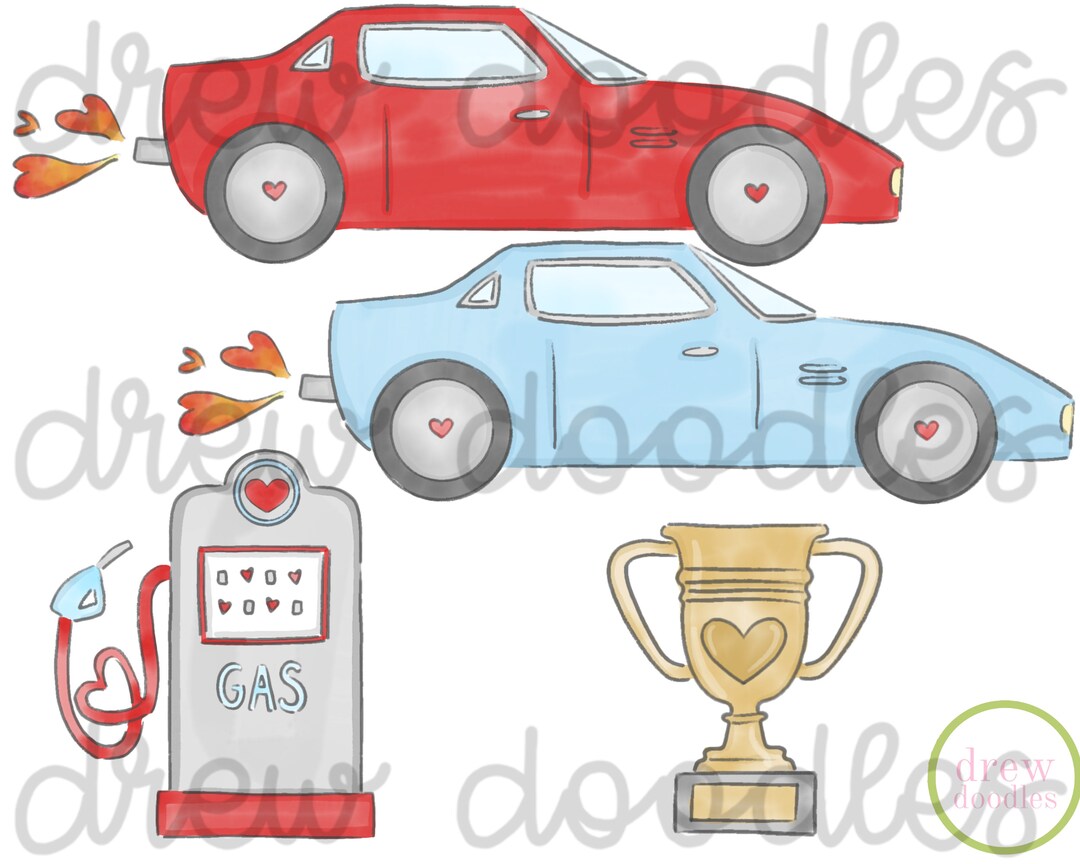 Watercolor Valentine's Day Race Cars Digital Clip Art Set- Instant ...