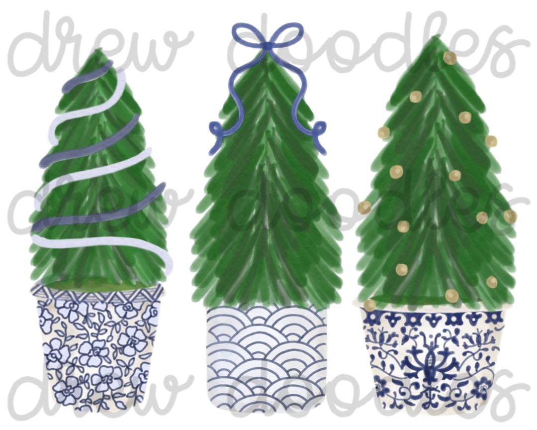 Watercolor Chinoiserie Christmas Trees- Digital Clip Art Set- Instant ...