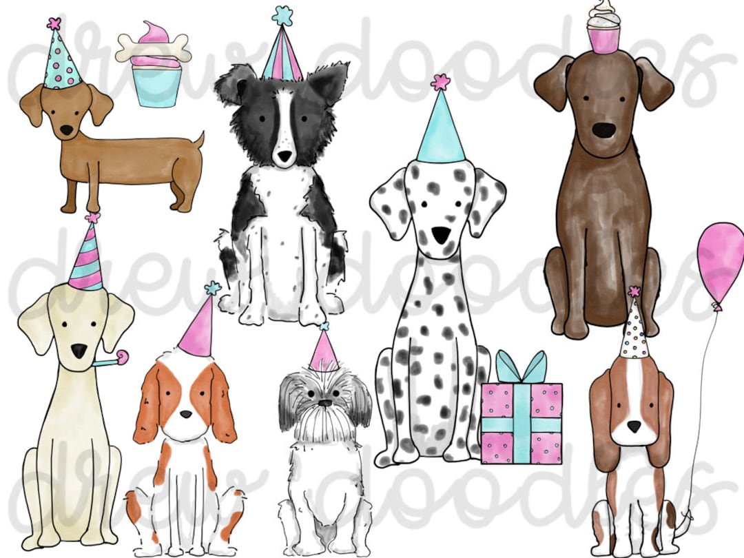 Watercolor Pink and Turquoise Birthday Party Dogs Digital Clip Art Set ...