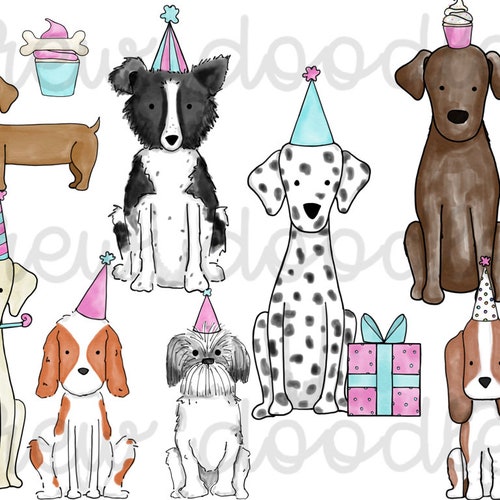 Watercolor Pink Party Dog Heads Digital Clip Art Set Instant - Etsy
