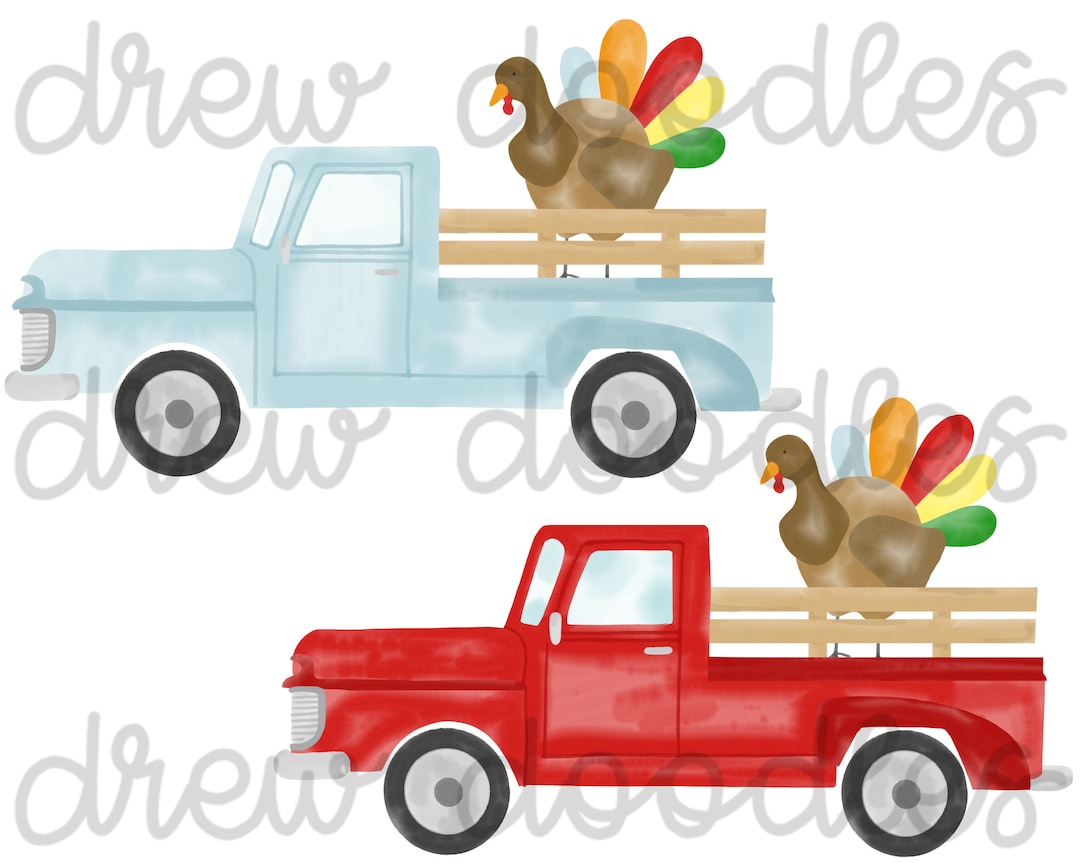 Watercolor Vintage Trucks With Thanksgiving Turkey- Digital Clip Art ...