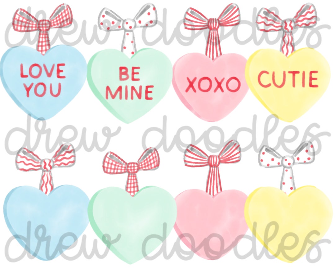 Watercolor Valentine's Day Conversation Hearts With Bows Digital Clip ...