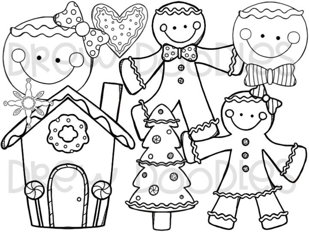 Gingerbread Cuties Digital Clip Art Set Black Line Version Instant ...
