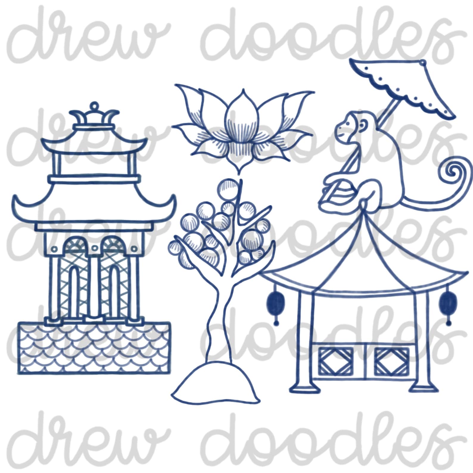 Watercolor Chinoiserie With White Fill Digital Clip Art Set - Etsy