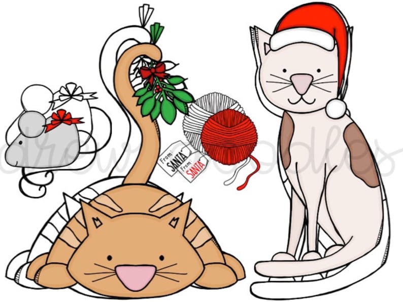 Meow-y Christmas Digital Clip Art Set Color and Black Line | Etsy