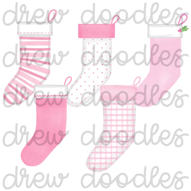 Watercolor Pink Gingham Bitty Dot Stockings Digital Clip Art Set ...