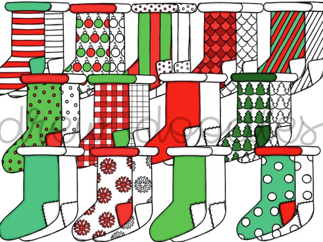 Christmas Stockings Digital Clip Art Set- Color and Black Line COMBO ...