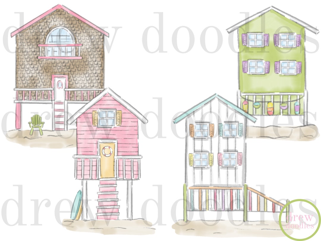 Watercolor Beach Houses Digital Clip Art Set- Instant Download - Etsy