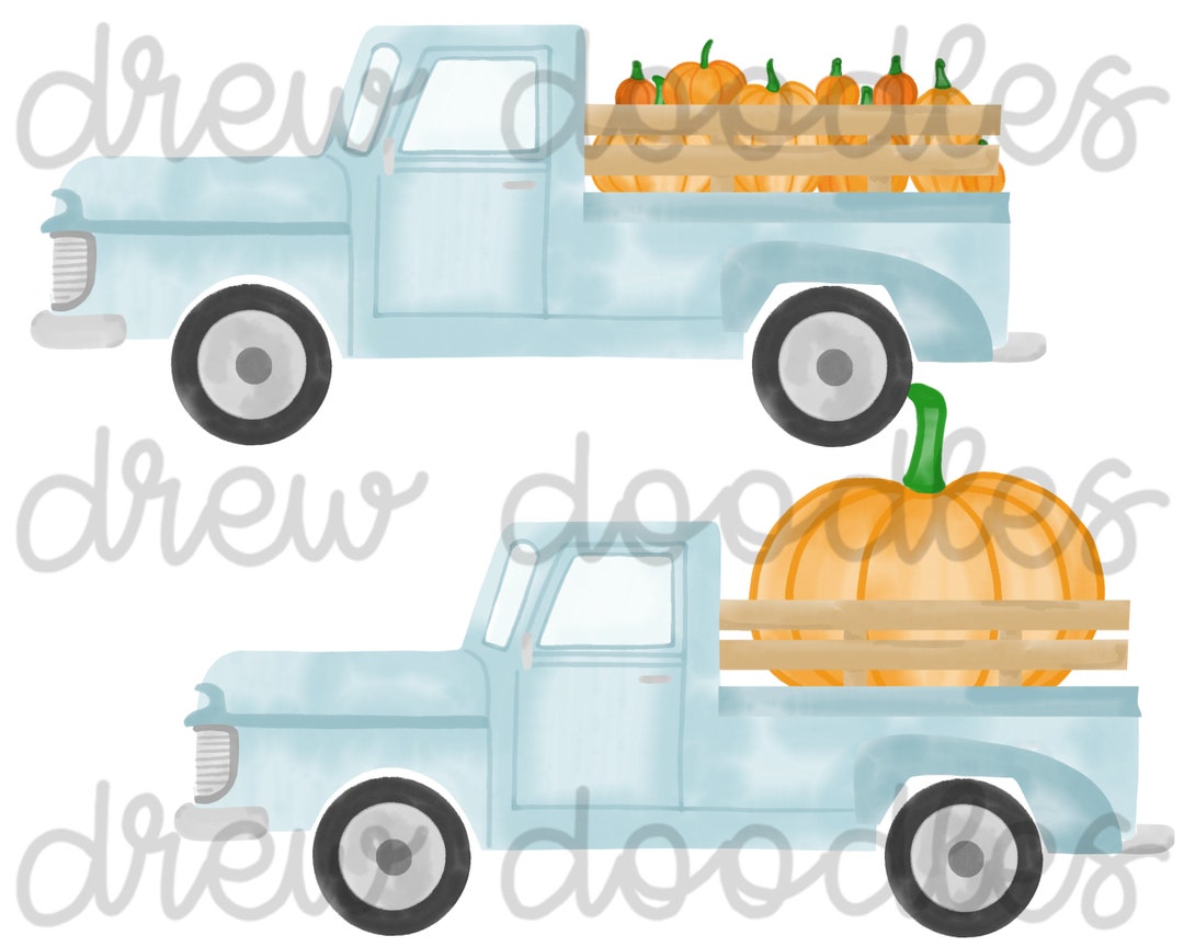 Watercolor Blue Trucks With Pumpkins Digital Clip Art Set- Instant ...