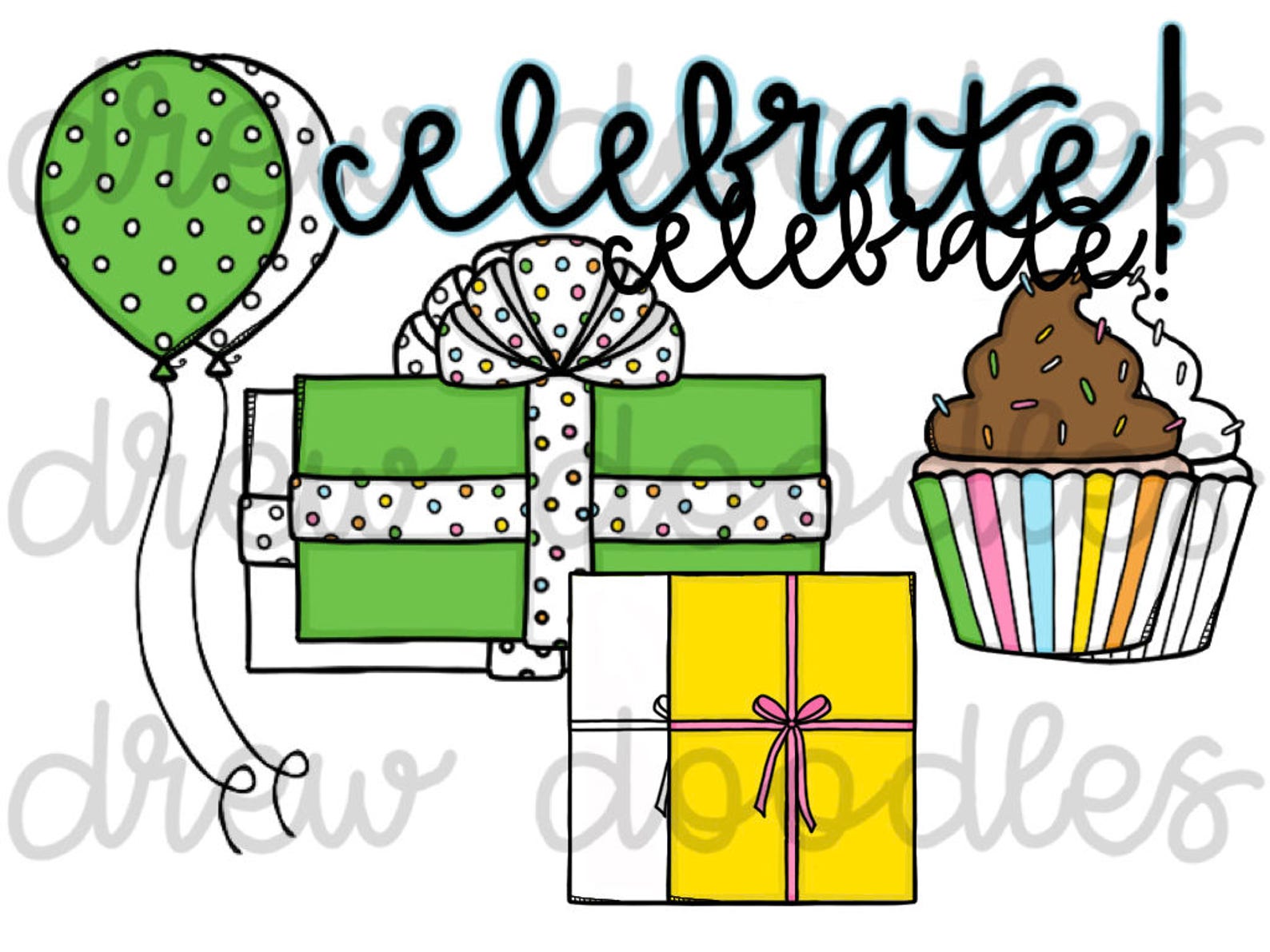 Birthday Doodles Digital Clip Art Set Color and Black Line - Etsy