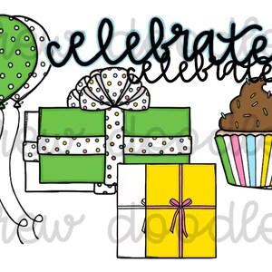 Birthday Doodles Digital Clip Art Set- Color and Black Line COMBO ...