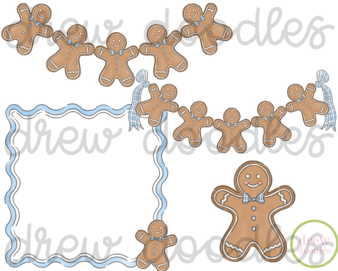 Watercolor Blue Gingerbread Garlands and Frame Digital Clip Art Set ...