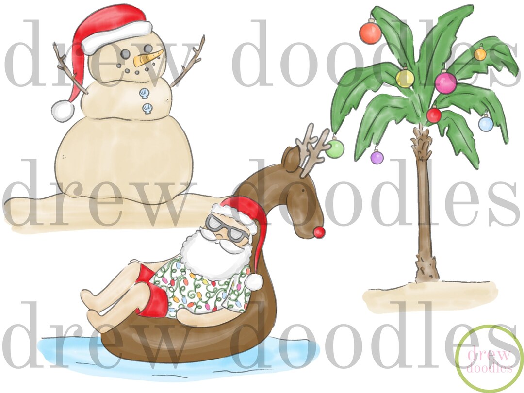 Watercolor Nautical Beach Tropical Santa Christmas- Digital Clip Art ...