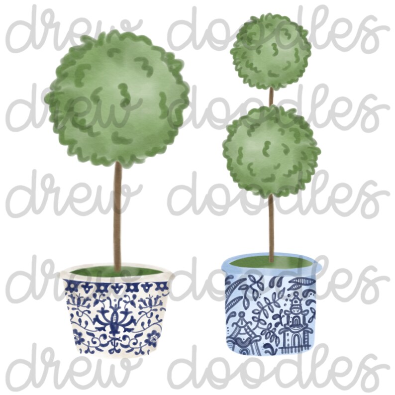 Watercolor Chinoiserie Boxwood Topiaries- Digital Clip Art Set- Instant ...