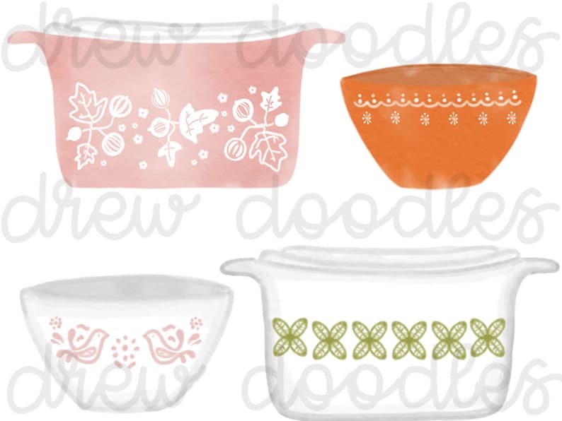 Watercolor Vintage Pyrex Digital Clip Art Set Instant | Etsy