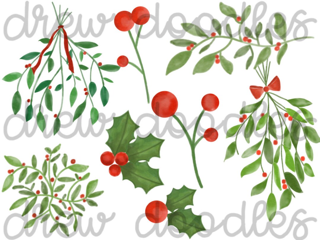 Watercolor Mistletoe and Holly Digital Clip Art Set- Instant Download ...