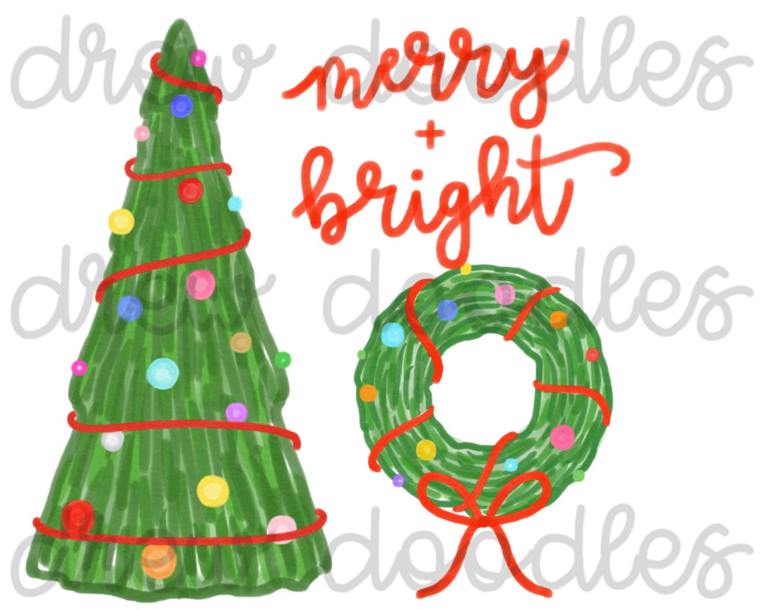 Watercolor Merry and Bright Christmas Tree and Wreath Digital Clip Art ...