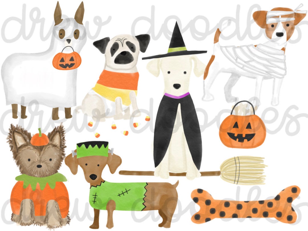 Watercolor Trick or Treat Halloween Dogs Digital Clip Art Set- Instant ...