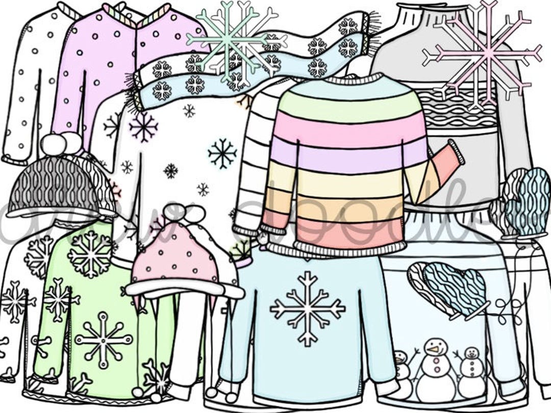 Winter Sweaters Digital Clip Art Set- Color and Black Line COMBO ...