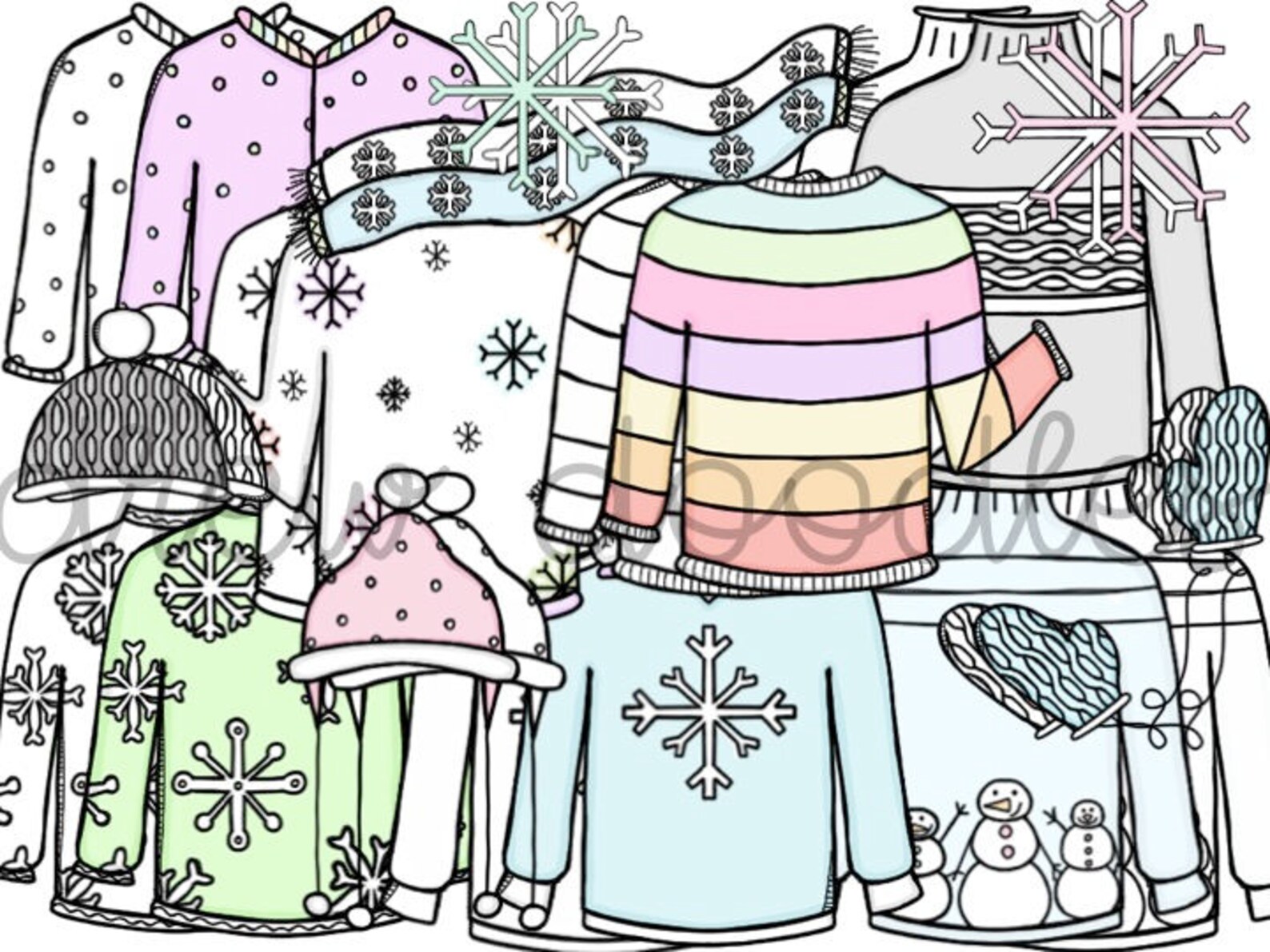 Winter Sweaters Digital Clip Art Set Color and Black Line | Etsy